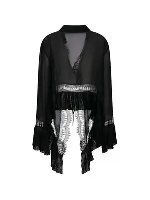 Blumarine Georgette Lace Blouse With V-neck And Ruffled Hem - Black