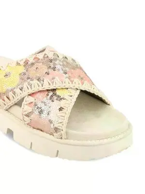 Mou Sequin-embellished Criss-cross Flat Sandals - Neutrals