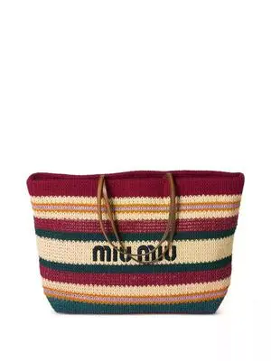 Miu Miu Miu Miu Raffia-Effect Woven Tote Bag With Striped Motif Red