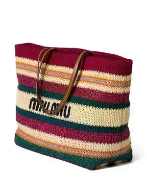 Miu Miu Raffia-effect Woven Tote Bag With Striped Motif - Red