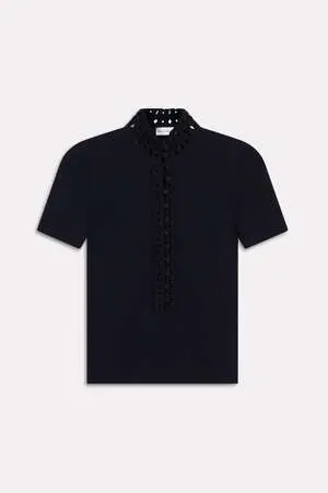 Scanlan Theodore Crepe Knit Daisy Short Sleeve Top - Navy
