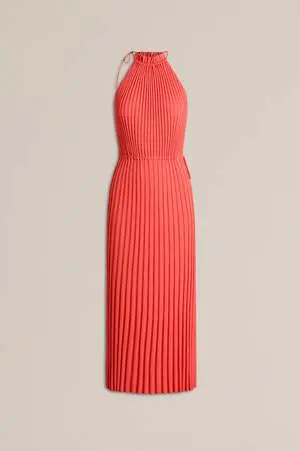 Scanlan Theodore Pleated Rib Gather Neck Midi Dress