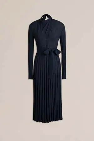 Scanlan Theodore Pleated Rib Tie Neck Midi Dress
