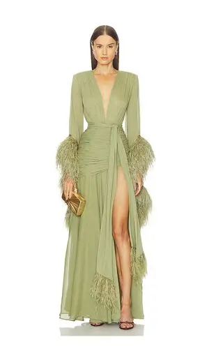 BRONX BANCO Bronx And Banco Geisha Maxi Dress With Feather Trim - Sage