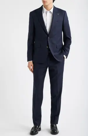 JACK VICTOR Engel Microcheck Peak Lapel Wool Suit - Navy