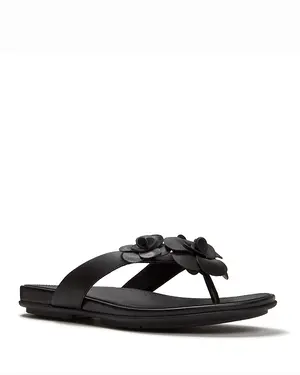 Fitflop Gracie Flower Leather Flip Flops - Black
