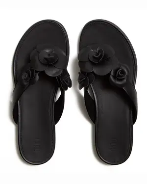 Fitflop Gracie Flower Leather Flip Flops - Black