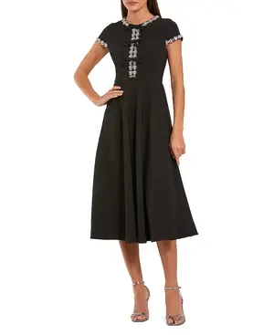 Mac Duggal Crepe Midi Dress With Rhinestone Beading And Bow Detail - Black