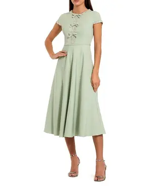 Mac Duggal Crepe Midi Dress With Rhinestone Beading And Bow Detail - Sage