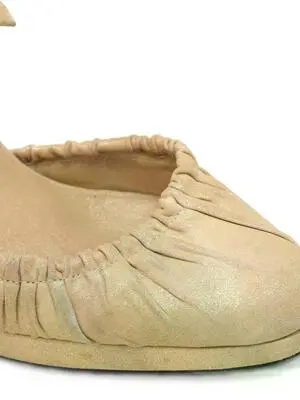 Gucci Beige Suede Round Toe Pumps With Gold Tone Block Heel