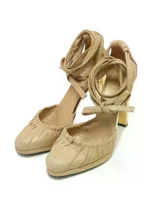 Gucci Beige Suede Round Toe Pumps With Gold Tone Block Heel
