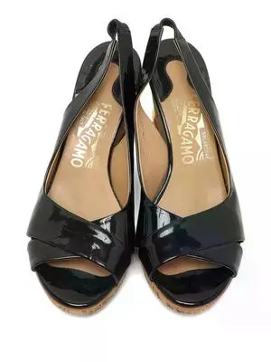 FERRAGAMO Patent Leather Cork Wedge Sandals