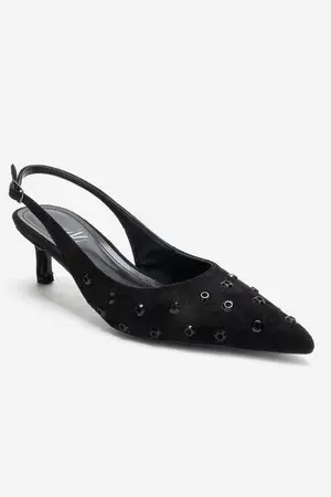 PROLOGUE SHOES Lorex Embellished Stiletto Slingback Pumps - Black Suede