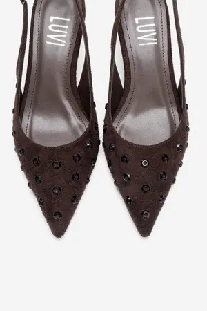 PROLOGUE SHOES Lorex Embellished Stiletto Slingback Pumps - Brown Suede