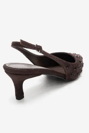PROLOGUE SHOES Lorex Embellished Stiletto Slingback Pumps - Brown Suede