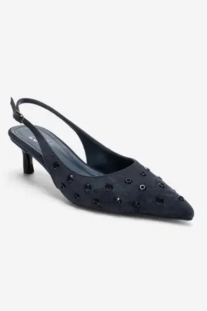 PROLOGUE SHOES Lorex Embellished Stiletto Slingback Pumps - Navy Suede