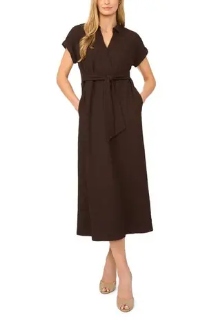 Halogen Tie Belt Textured Midi Dress - Mole