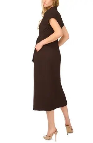 Halogen Tie Belt Textured Midi Dress - Mole