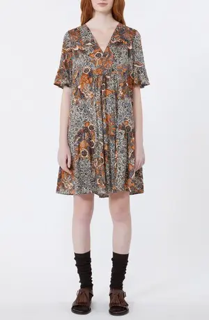 Max Mara Fuoko Paisley Floral Cotton Jersey Babydoll Dress - Navy