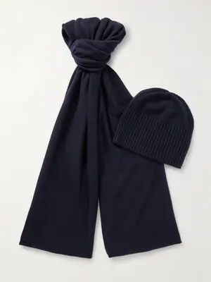 ALLUDE Ribbed Cashmere Beanie And Scarf Set - Blue