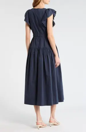 Moon River Flutter Sleeve Midi Dress - Navy