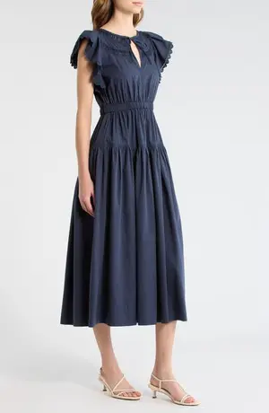 Moon River Flutter Sleeve Midi Dress - Navy