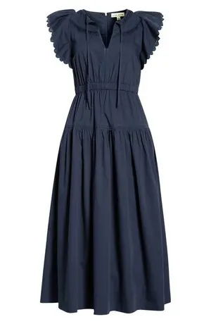 Moon River Flutter Sleeve Midi Dress - Navy