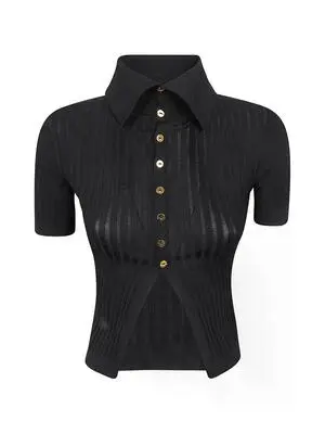 Elisabetta Franchi Sheer Knit Polo Top - Black