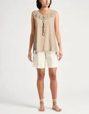 High Ruched Sleeveless Top - Beige