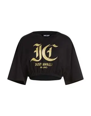 Just Cavalli Cotton Cropped T-shirt With Glitter Logo - Black