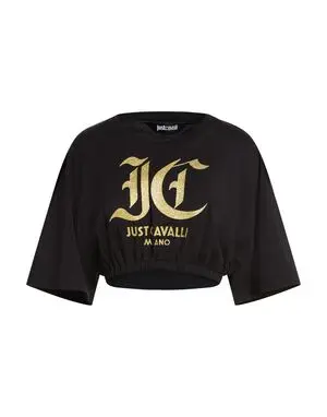 Just Cavalli Cotton Cropped T-shirt With Glitter Logo - Black