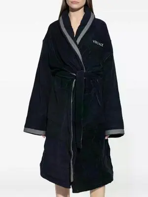 Versace Embroidered-graphic Cotton Bathrobe - Blue