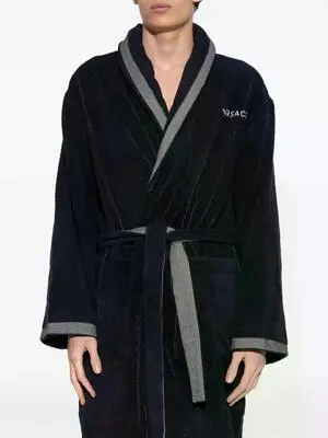 Versace Embroidered-graphic Cotton Bathrobe - Blue