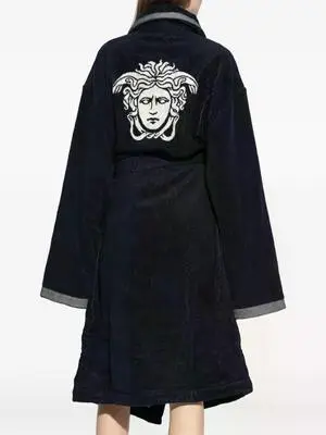 Versace Embroidered-graphic Cotton Bathrobe - Blue