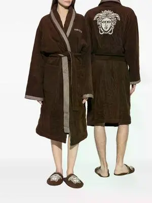 Versace Embroidered-graphic Cotton Bathrobe - Brown