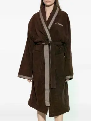 Versace Embroidered-graphic Cotton Bathrobe - Brown