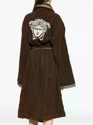 Versace Embroidered-graphic Cotton Bathrobe - Brown