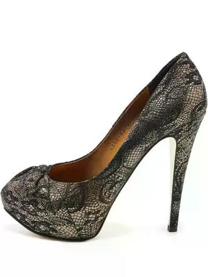 GINA Black Embroidered Lace Peep-toe Platform Heels