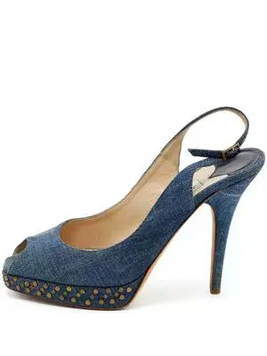 JIMMY CHOO 120mm Studded Denim Platform Slingback Sandals - Blue