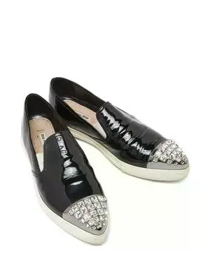 Miu Miu Patent Leather Embellished Pointed Toe Slip-on Sneakers