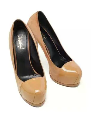 Saint Laurent Beige Suede Platform Pumps With Patent Cap Toe