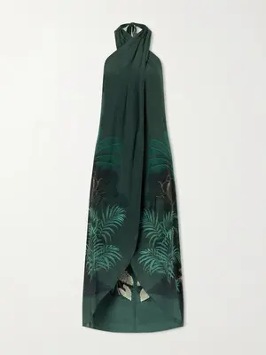 Johanna Ortiz Silent Water Printed Silk Crepe De Chine Halterneck Top - Green