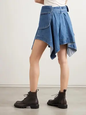 Loewe Belted Asymmetric Draped Embroidered Denim Mini Skirt - Blue