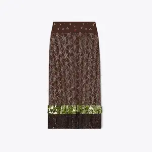 Tory Burch Embellished Lace Skirt - Coffee