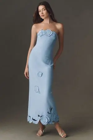LEO LIN Rayna Floral Appliqué Crepe Maxi Dress - Light Blue