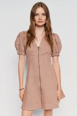 PILCRO Calder Puff-sleeve Denim Mini Dress - Tan