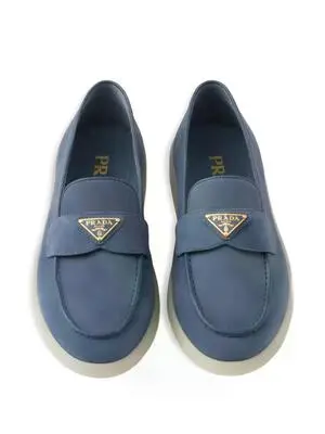 Prada Nubuck Leather Loafers With Enameled Triangle Logo - Blue