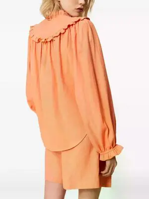 TWINSET Linen Blend Blouse With Micro Ruffles And Contrasting Trim
