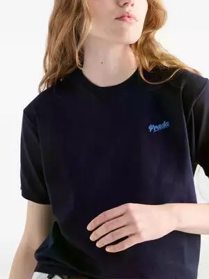 Prada Silk Crew Neck Short Sleeve Sweater With Jacquard Logo - Blue