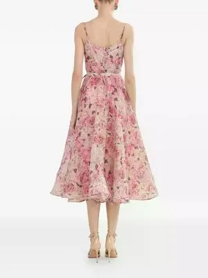 NISSA Floral Print Silk Linen Midi Dress With Belt